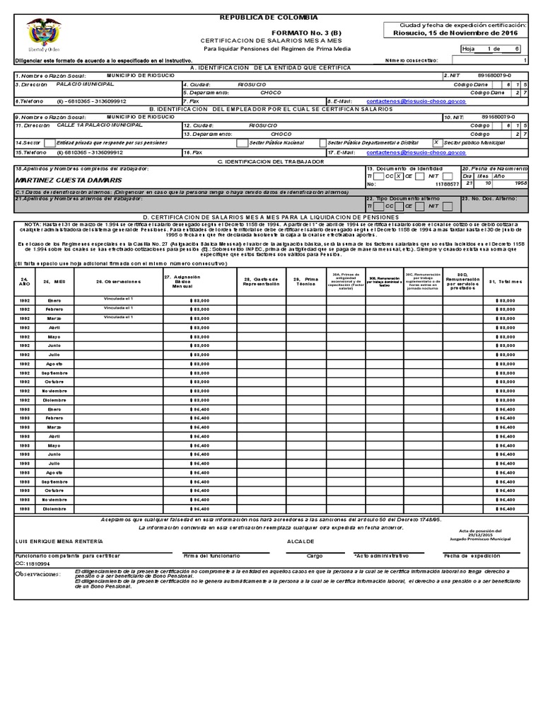 Copia de Formato No. 3 (B) Hoja 6 de 6 Certificacion de Salarios Mes A ...