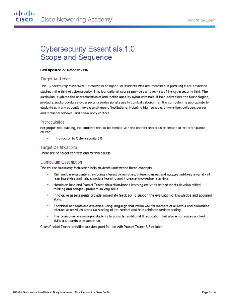 Cybersecurity Essentials 1.0 Scope and Sequence | Download Free PDF ...