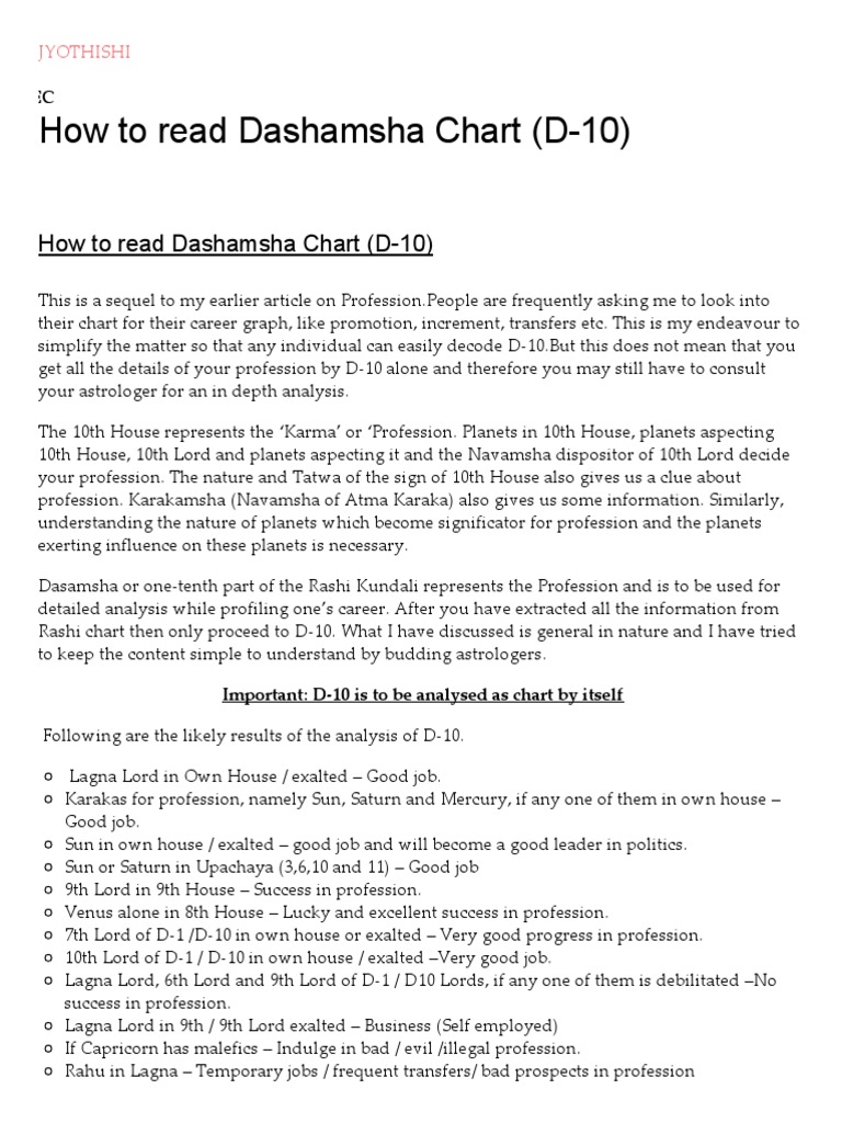 How To Read Dashamsha Chart (D-10) - Jyothishi | PDF | Planets In ...