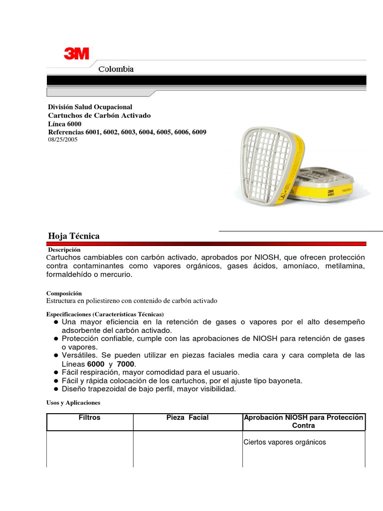 Cartuchos 3M Línea 6000.pdf | Oxígeno | Hidrógeno
