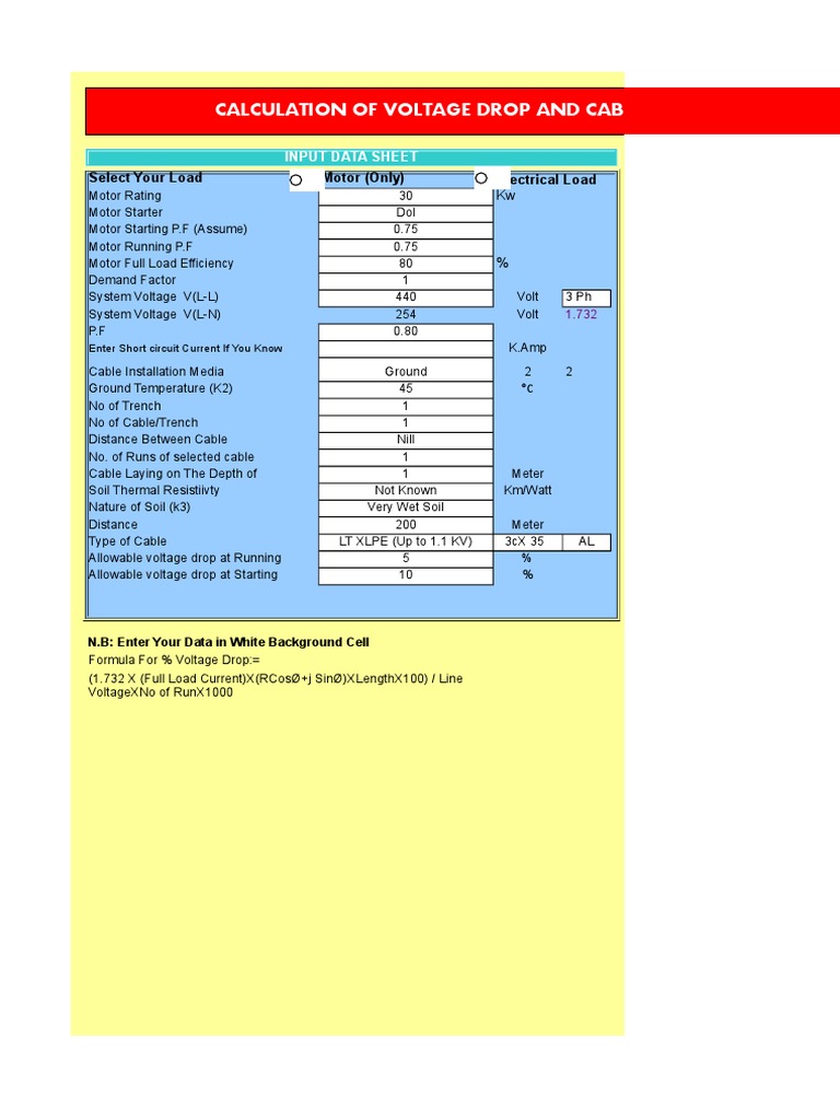 Voltage Drop & Cable Sizing & Electrical Load.xls | Volt | Voltage
