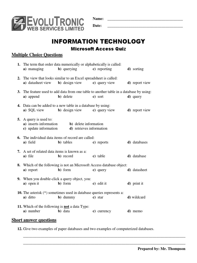 3 MS Access Quiz | PDF | Microsoft Access | Databases
