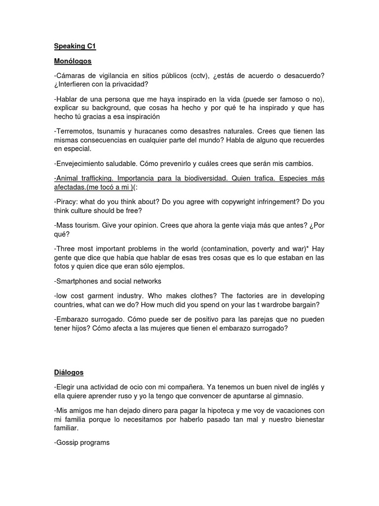 C1 Speaking Topics | Entretenimiento (general) | Ocio