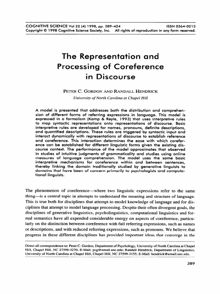 Gordon y Hendrick-The Representation and Processing of Coreference in Discourse - 1998 | PDF ...