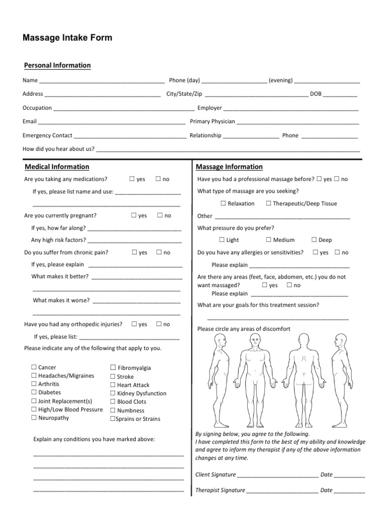 New Client Intake Form | Massage | Clinical Medicine