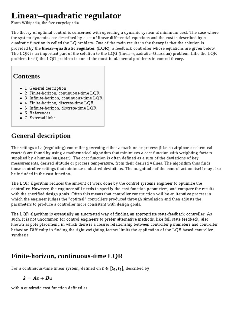 Linear-Quadratic Regulator (LQR) - Wikipedia | PDF | Mathematical ...