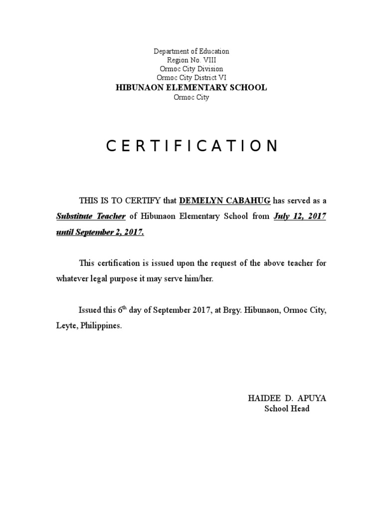 Certificate of Substitte Teaching | Educational Personnel | Learning