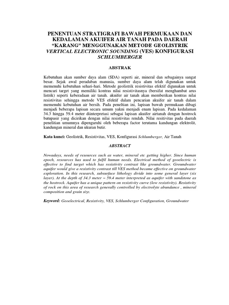 Penentuan Stratigrafi Bawah Permukaan Dan Kedalaman Akuifer Air Tanah Pada Daerah "Karang ...
