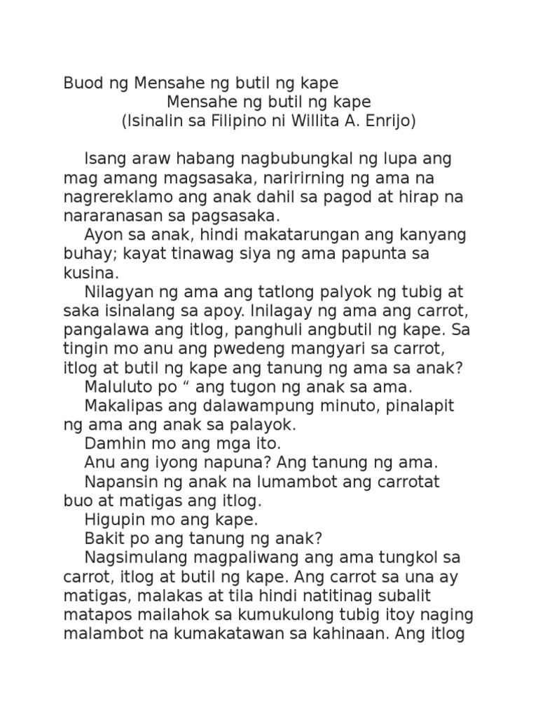 Buod NG Mensahe NG Butil NG Kape