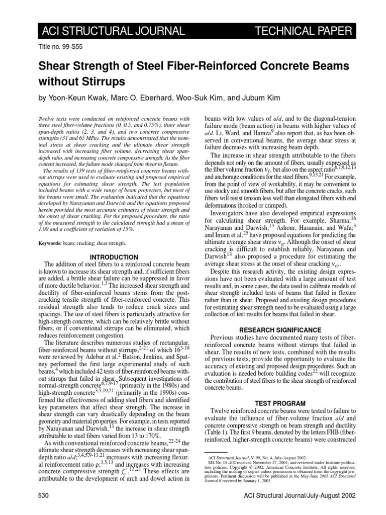 ACI STRUCTURAL JOURNAL-Shear Strength of Steel Fiber Reinforced | PDF ...