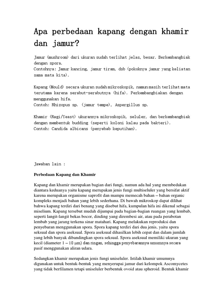 Apa Perbedaan Kapang Dengan Khamir Dan Jamur