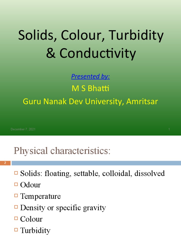 Solids Colour Turbidity Conductivity | PDF | Drinking Water | Filtration