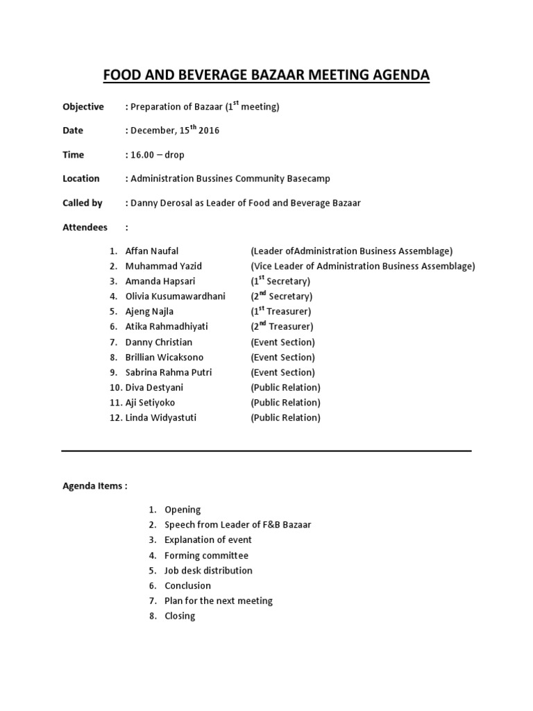 Food and Beverage Bazaar Meeting Agenda