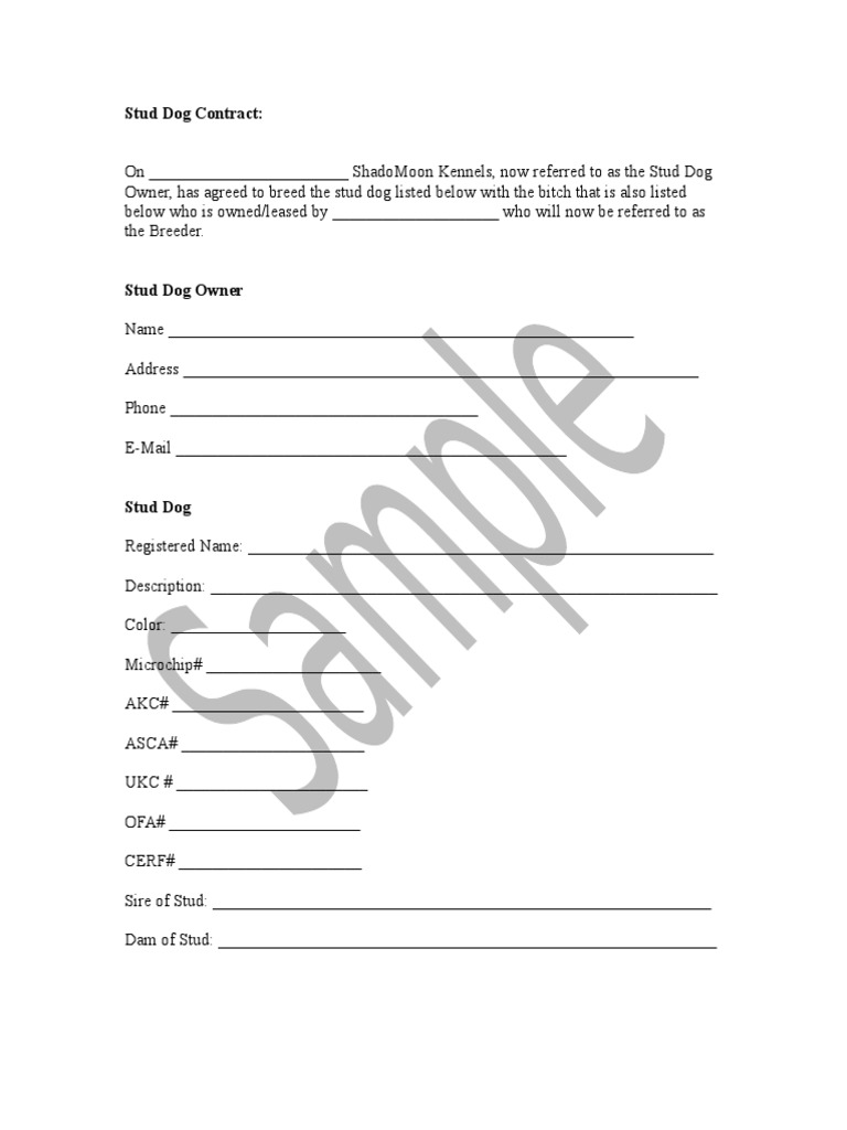 Sample Stud Dog Contract | Download Free PDF | Horse Breeding | Dog ...