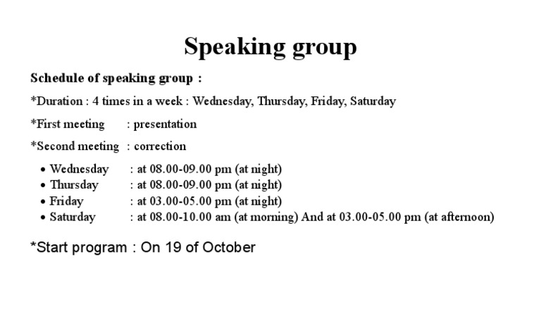 Speaking Group Schedule Overview | PDF | Foreign Language Studies