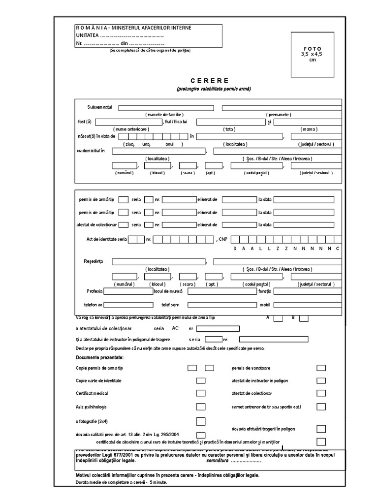 cerere preliungire valabișlitate permis arma