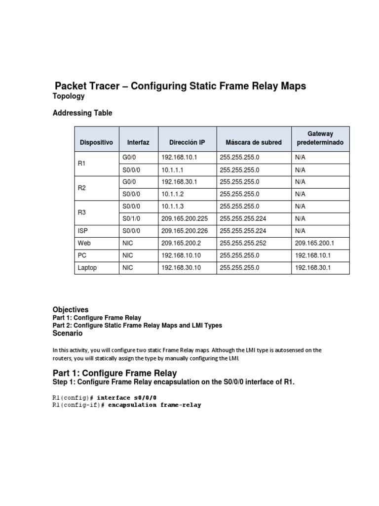 4.2.1.4 Packet Tracer - Configuring Static Frame Relay Maps Instructions-Ok | PDF | Router ...