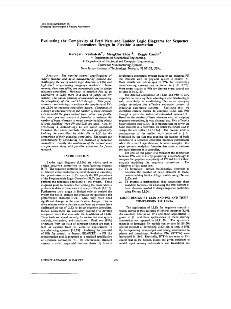Evaluating The Complexity of Petri Nets and Ladder Logic Diagrams For Sequence Controllers ...