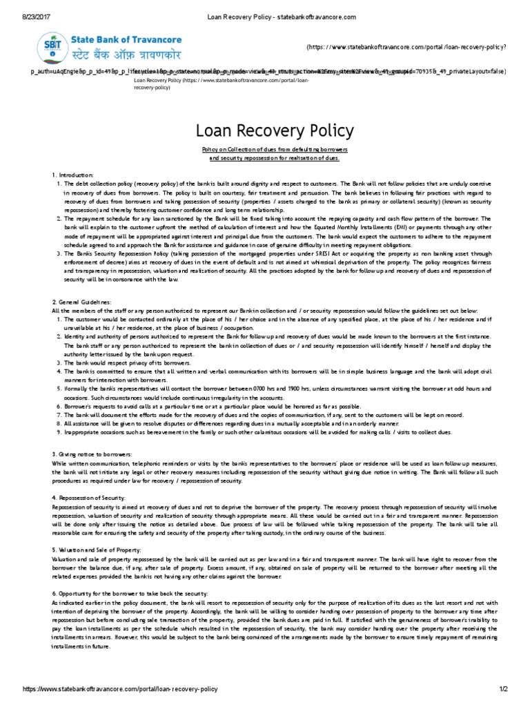 Loan Recovery Policy - Statebankoftravancore | Repossession | Loans