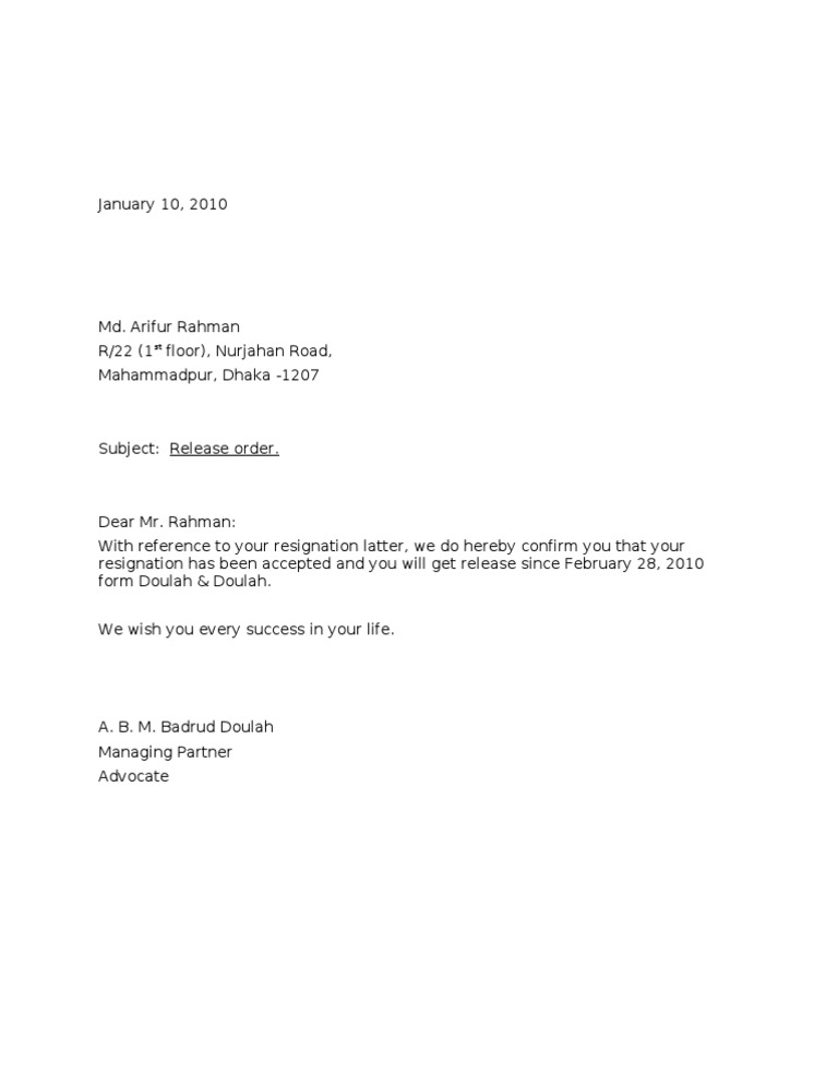 Sample Relieving Order Letter Format Qs Study