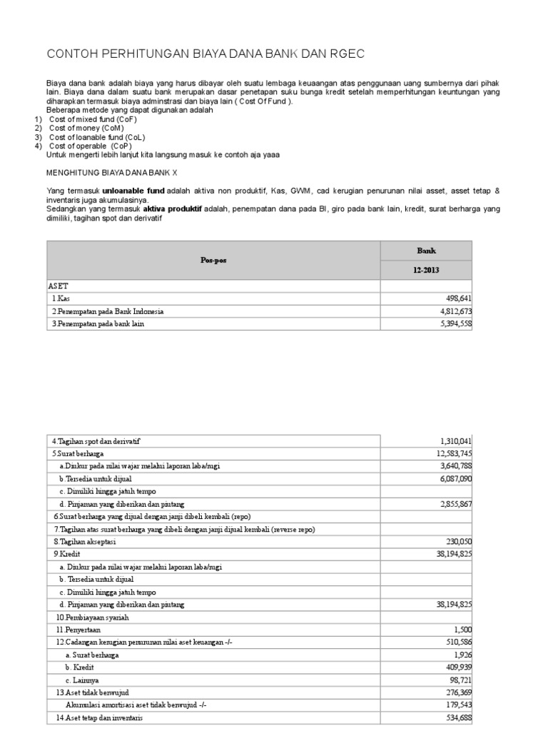 Contoh Perhitungan Biaya Dana Bank Dan Rgec | PDF