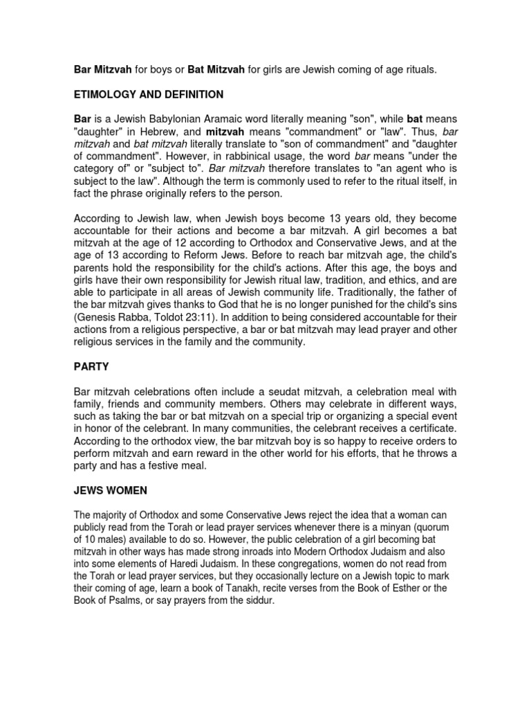 Jewish coming of age rituals of Bar and Bat Mitzvah | PDF | Mitzvah ...