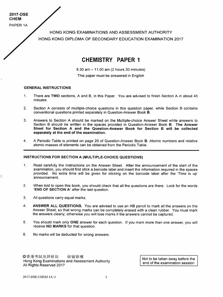 2017 HKDSE Chemistry Paper 1A (Q) | PDF