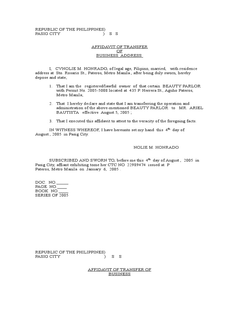 Sample Affidavit of Transfer of Business | Affidavit | Metro Manila
