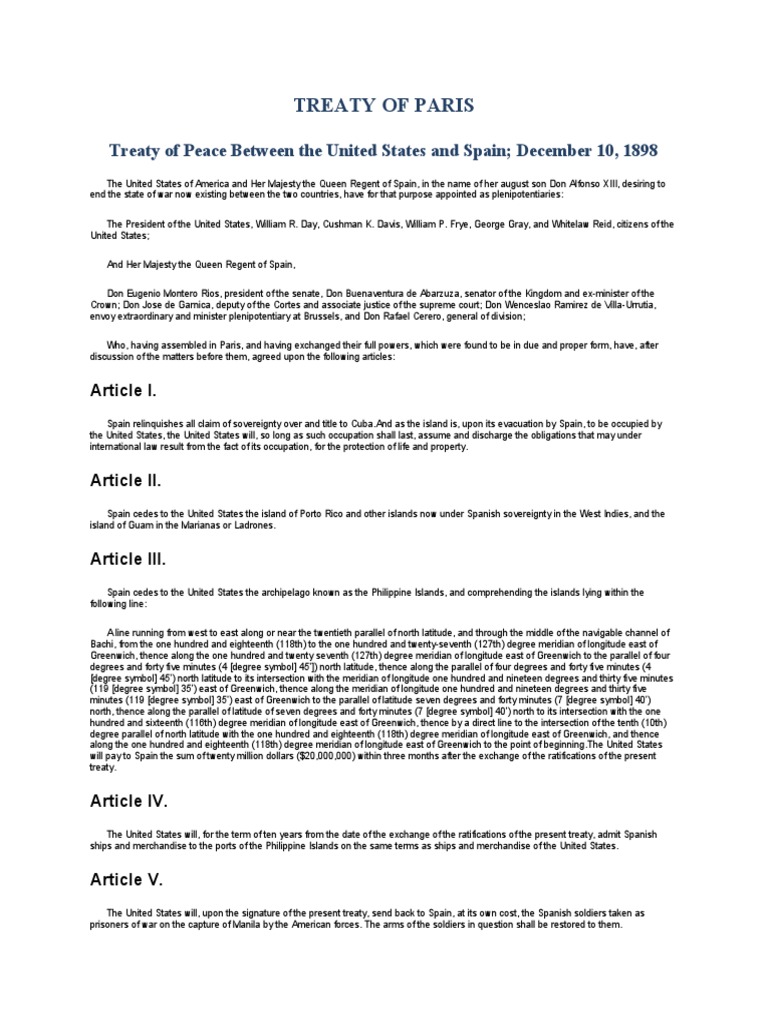 Treaty of Paris: Treaty of Peace Between The United States and Spain ...