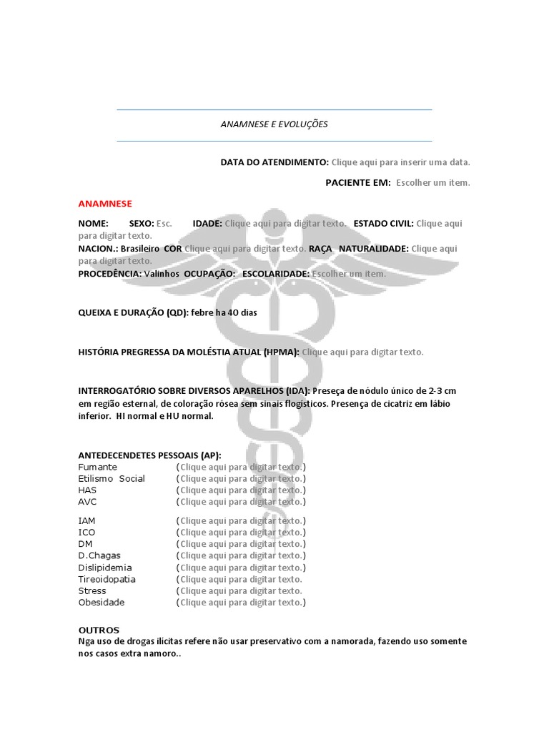 Anamnese Modelo | PDF | Doenças e distúrbios | Sistema de saúde