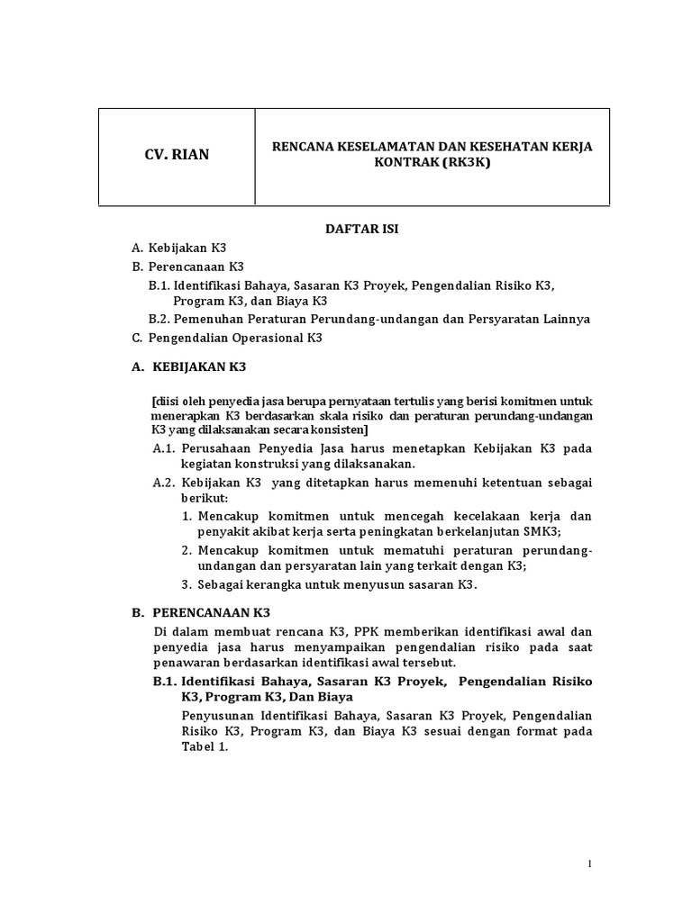 k3 Konstruksi CV Rian | PDF