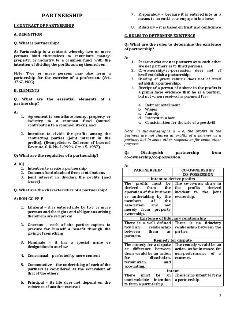 PARTNERSHIP Notes (Prelim) | PDF | Partnership | Legal Personality