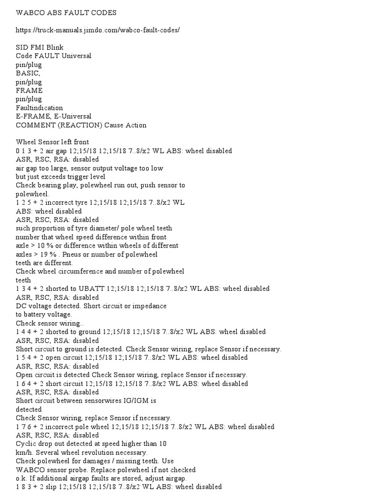 Wabco Abs Fault Codes | PDF | Anti Lock Braking System | Wheel