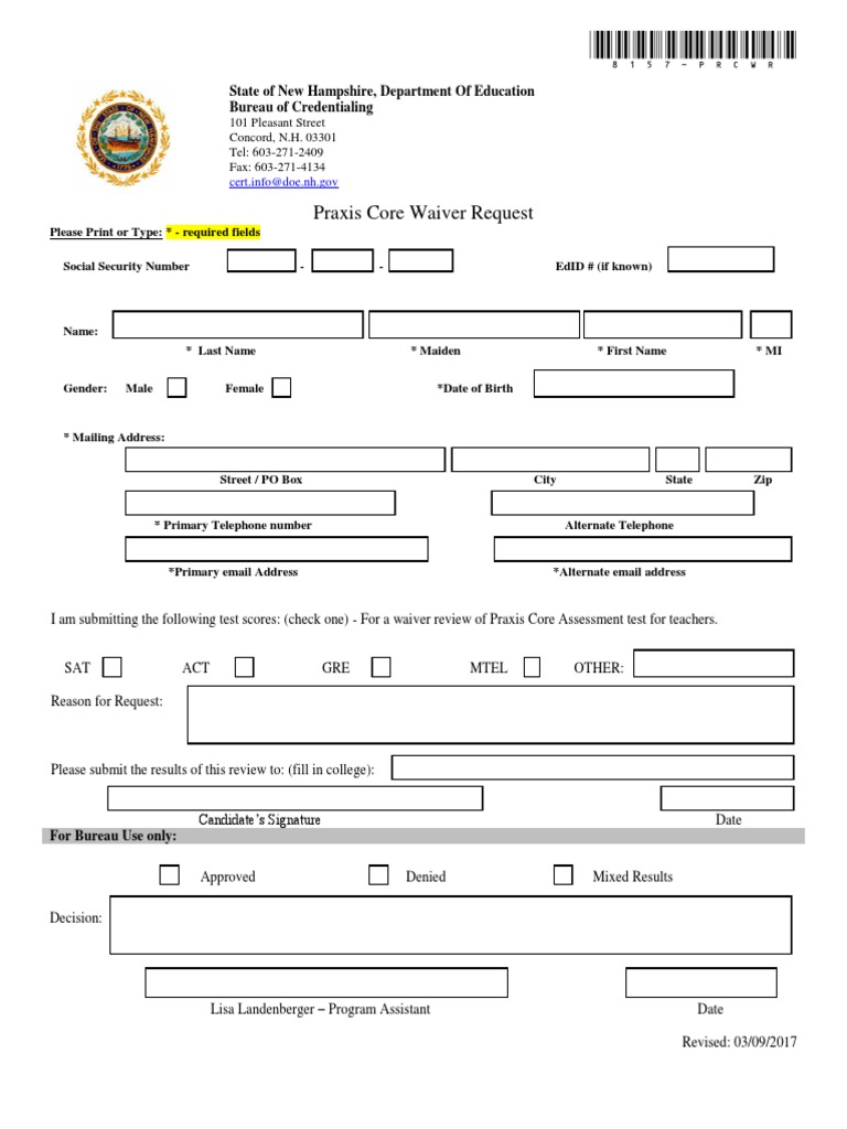 Praxis Core Waiver Request For SAT ACT GRE or OTHER | PDF