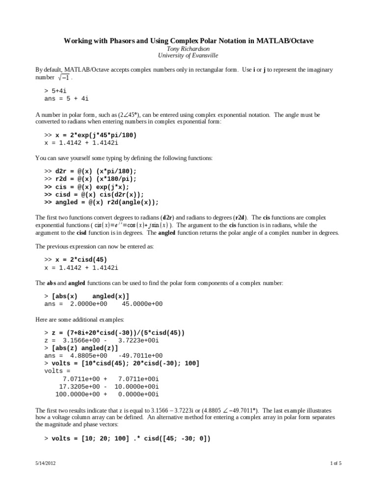 Working With Phasors and Using Complex Polar Notation in MATLAB/Octave | PDF | Complex Number ...