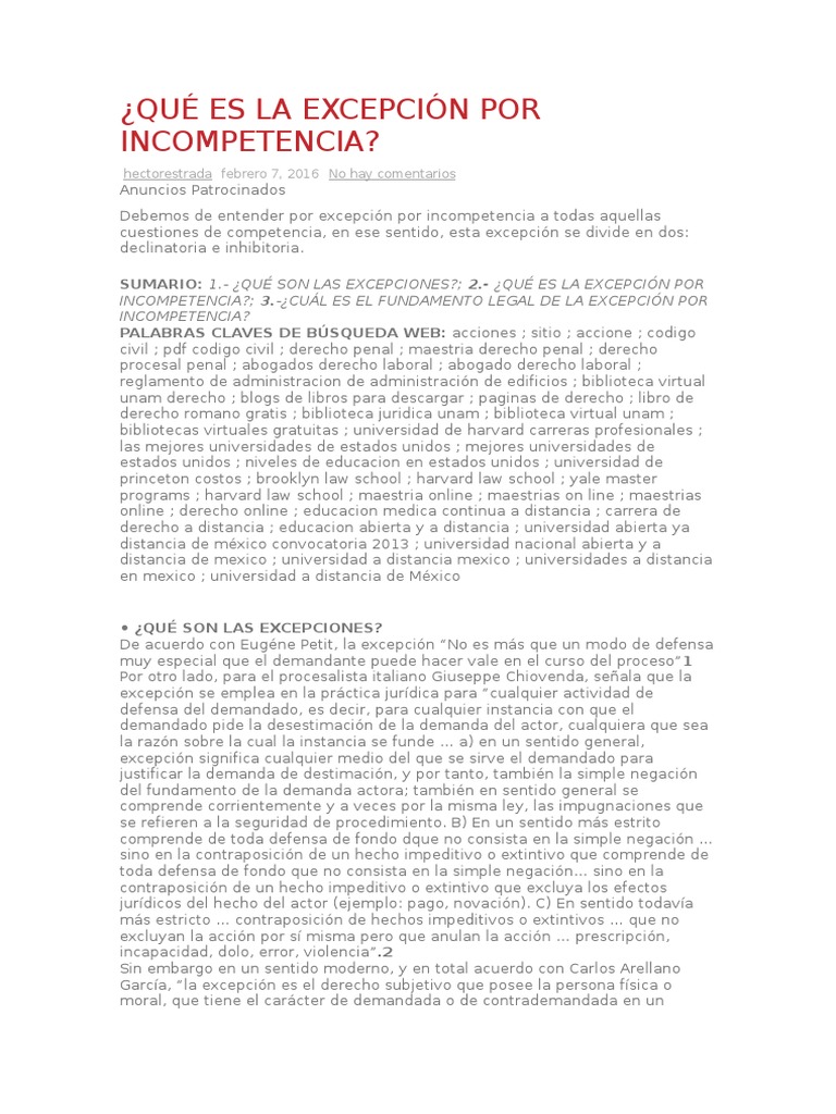 Qué Es La Excepción Por Incompetencia | PDF | Demanda judicial | Ley ...