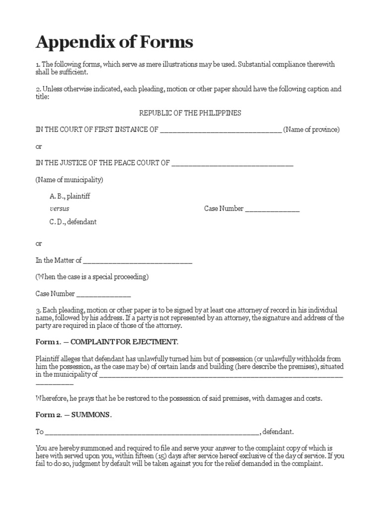 Appendix of Forms | PDF | Cause Of Action | Complaint