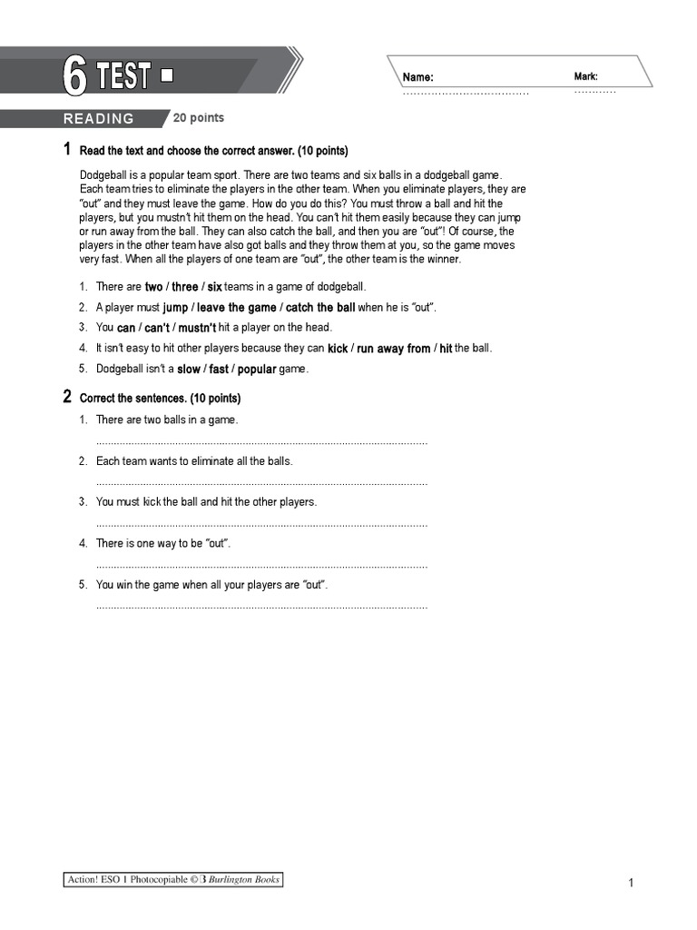 Examen Ingles 1 ESO Unit 6 | PDF | Sports | Hobbies