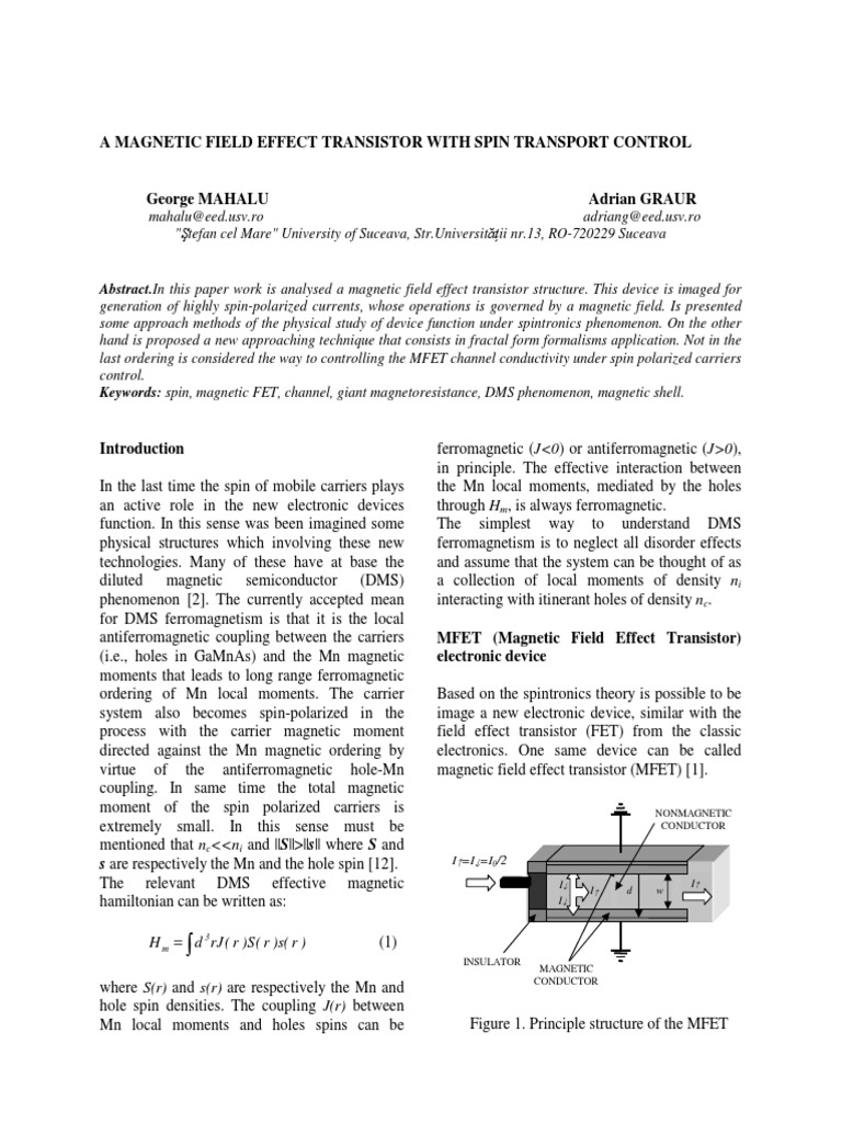 MFET Magnetic Field Effect Transistor With Spin Transport Control by ...