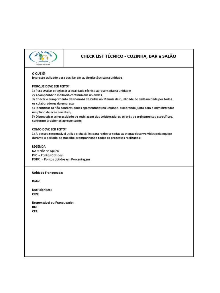 Checklist Técnica - Cozinha, Bar e Salão | PDF | Embalagem e rotulagem ...