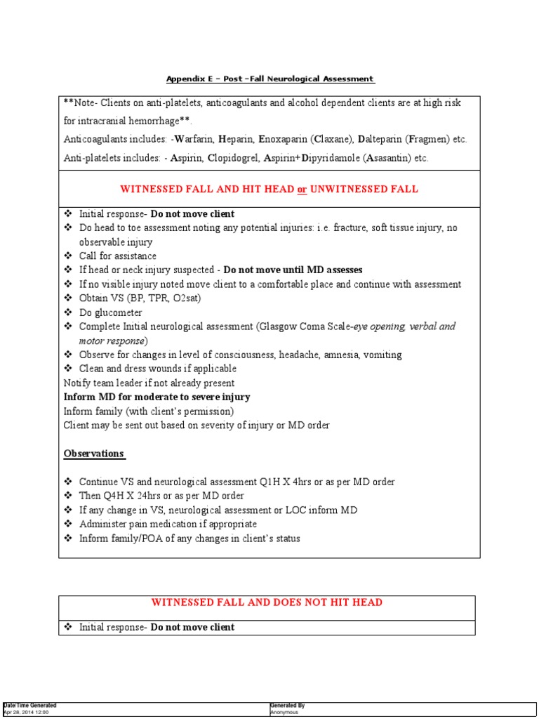 Falls Neurological Assessment | PDF | Coma | Nervous System