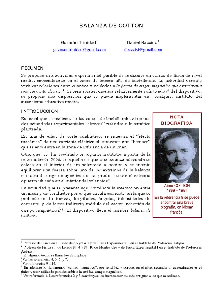 Balanza de Cotton | PDF | Campo magnético | Corriente eléctrica
