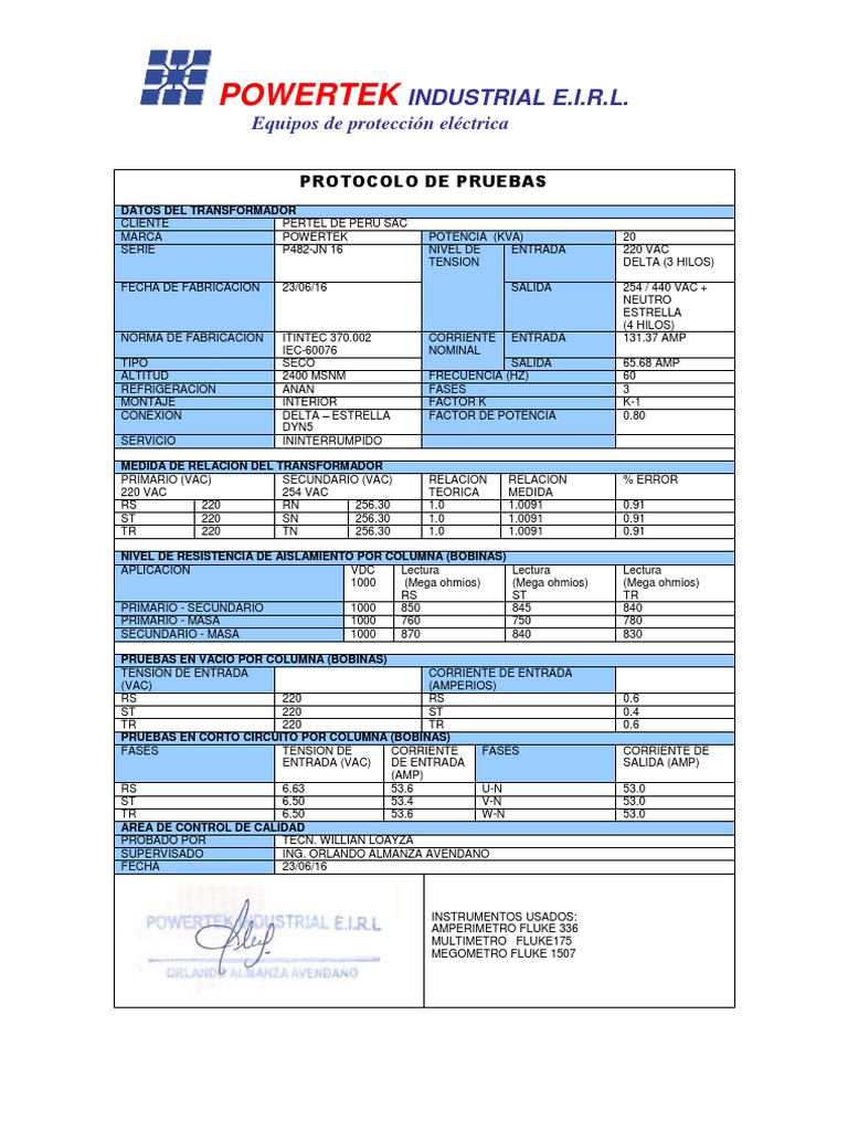 11-07-16 Protocolo de Pruebas de Transformador Trifasico de 50 Kva Delta... | PDF ...