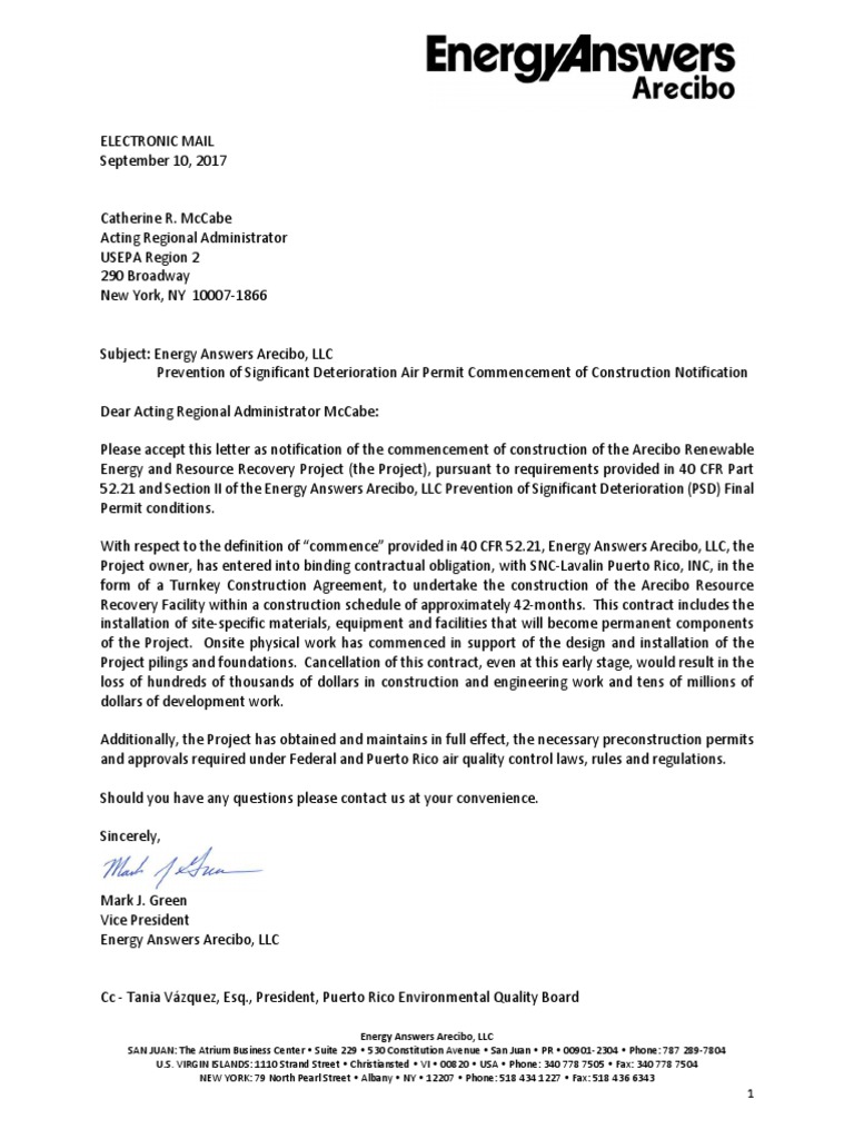 Letter - Energy Answers Arecibo Construction Start Notification 9-10-17 ...