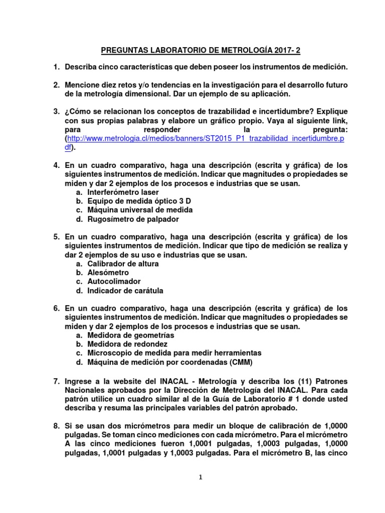 Preguntas Lab. Metrología 2017-2 | PDF | Metrología | Medición