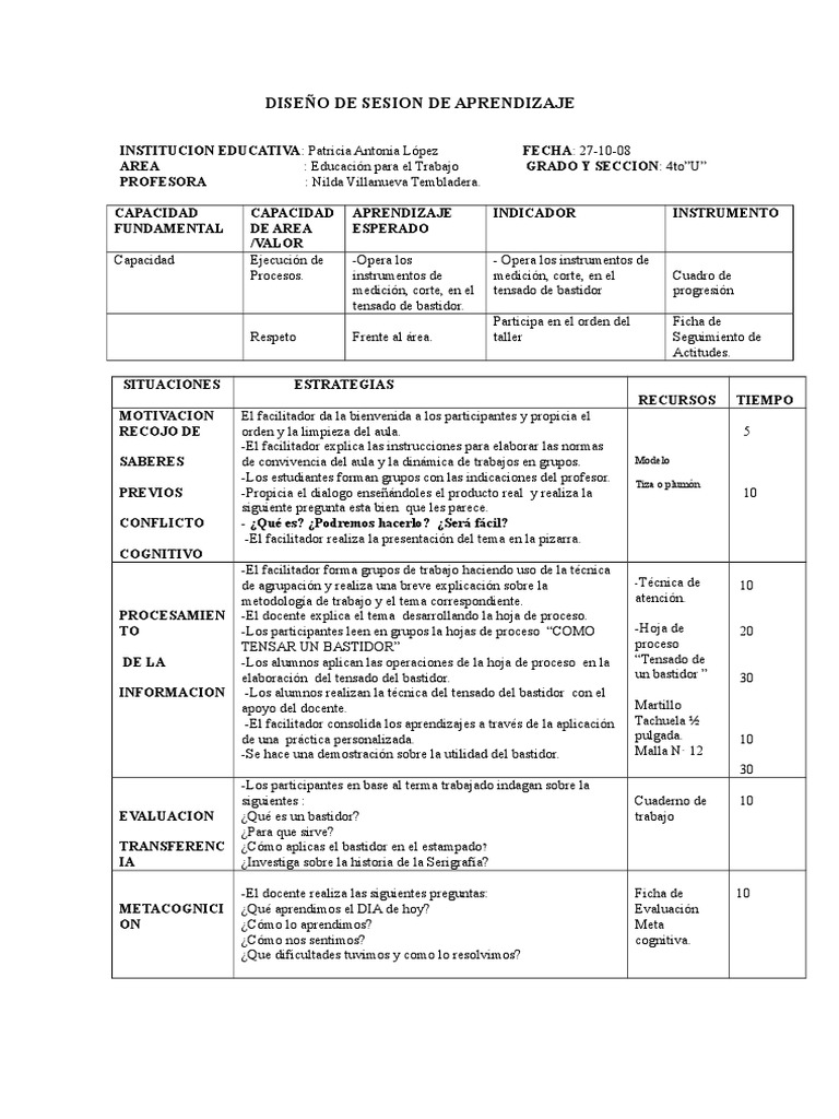 Diseno de Sesion de Aprendizaje | Maestros | Aprendizaje