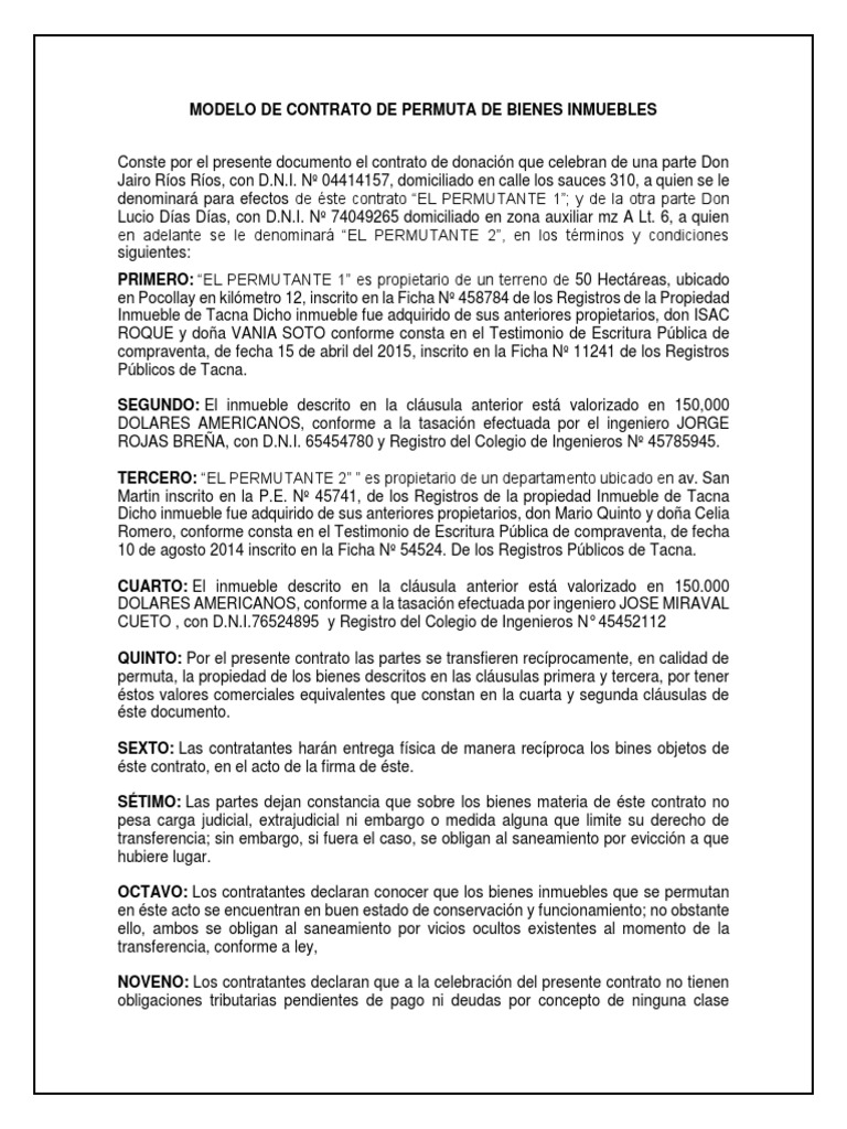 Contrato de Permuta Civil Vb | Propiedad | Pagos