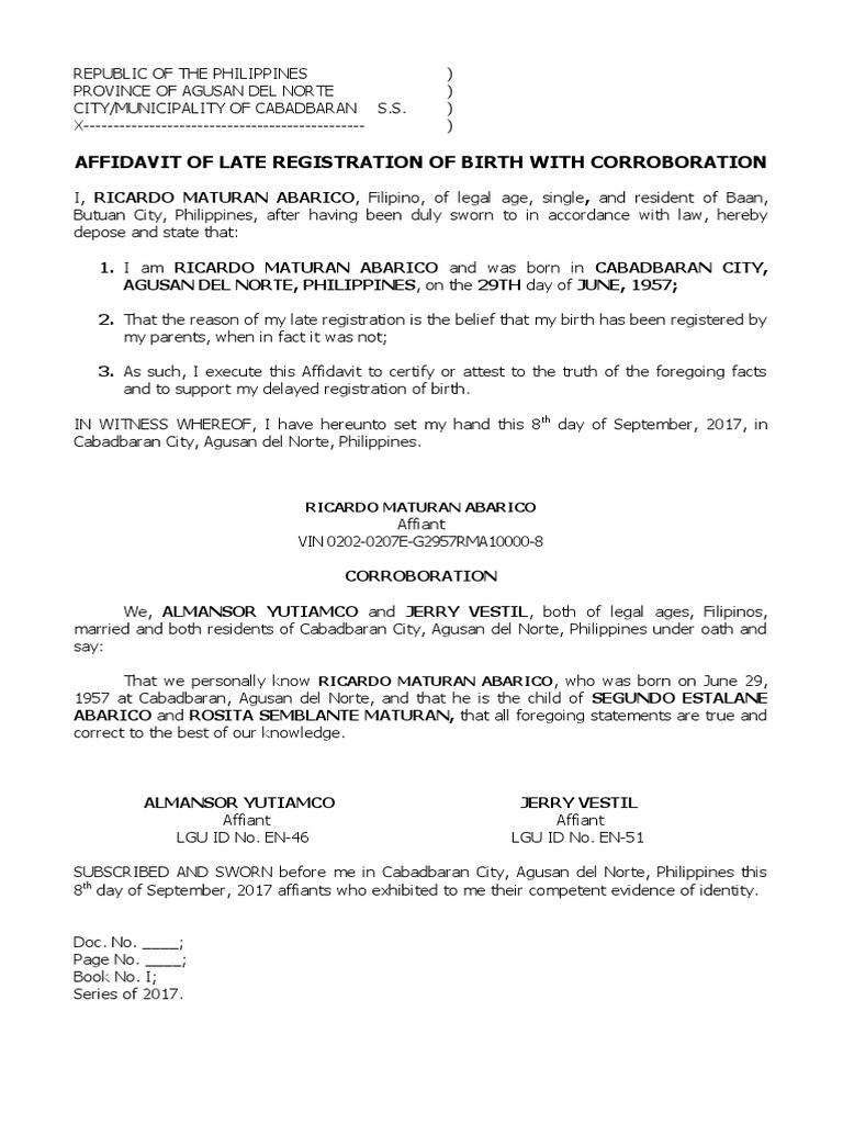 Affidavit of Late Birth Registration | PDF | Law