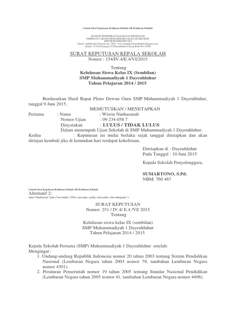 Contoh Surat Keputusan Kelulusan Sekolah | PDF