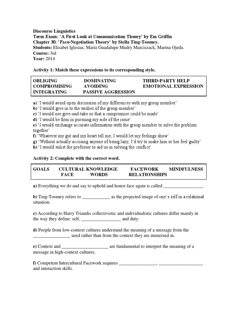 Face-Negotiation Theory Activities Discourse | PDF | Self-Improvement